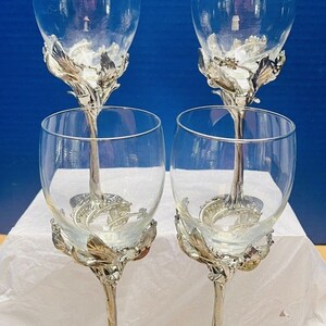 CASTOR COOPER Pewter Footed Stems Wine/water Crystal Glasses Set of 4 ...