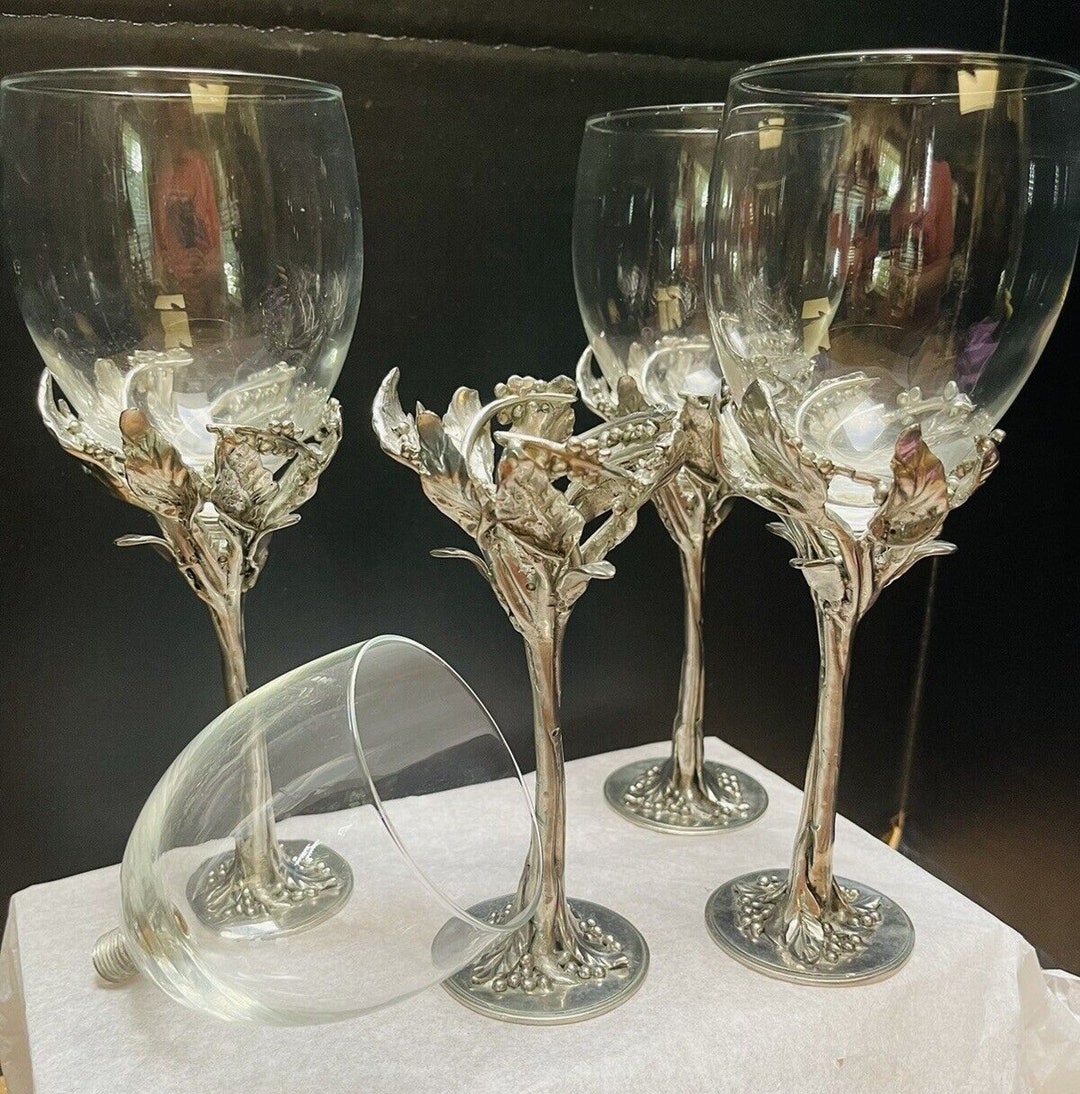 CASTOR COOPER Pewter Footed Stems Wine/water Crystal Glasses Set of 4 ...
