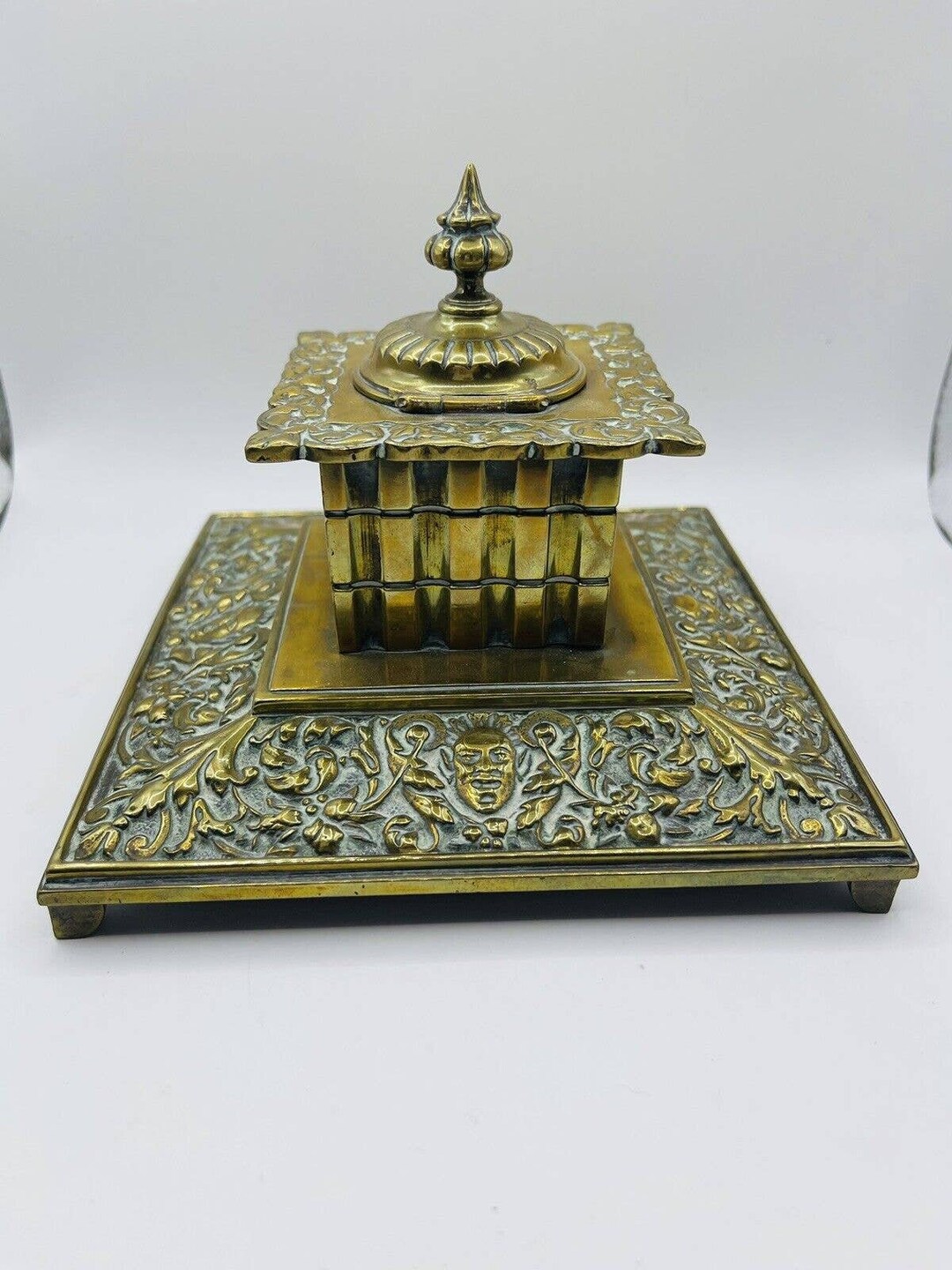 Victorian Inkwell Ornate Brass Circa 1850 Green Man Repousse Square 6w ...