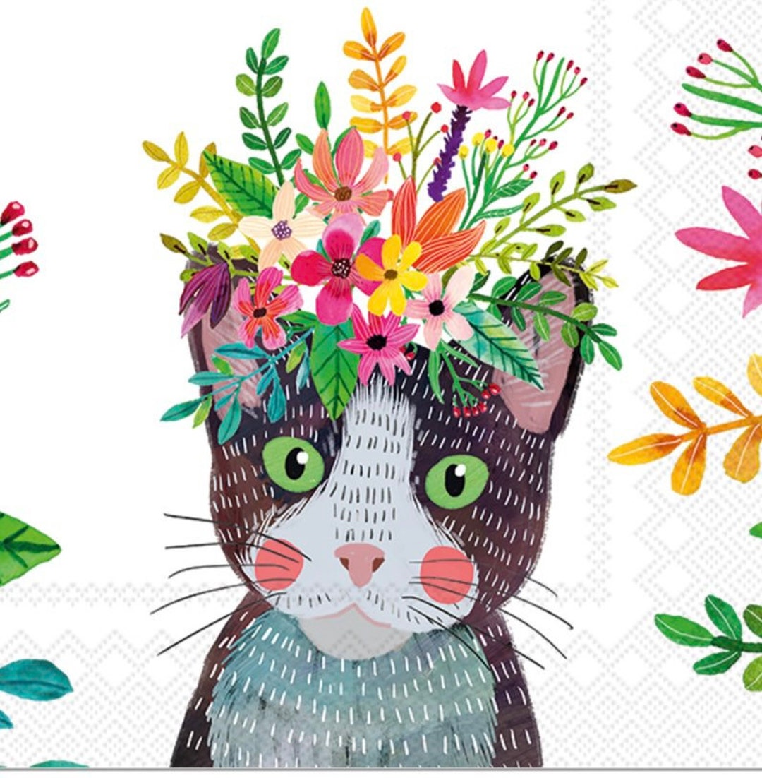 Floral Cat Cocktail Napkin Beverage Paper Napkins Set of 20 - Etsy