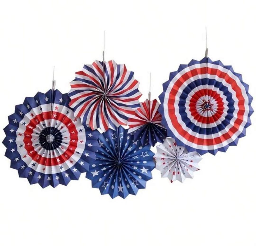 Red White and Blue Paper Fans, Set of 6 Assorted Sizes, Patriotic Party ...