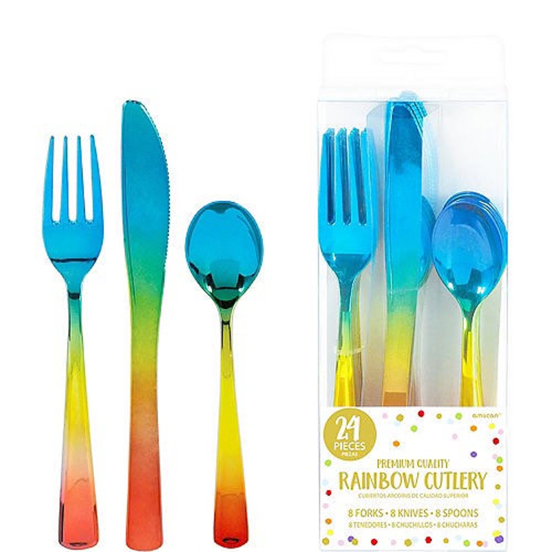 Metallic Rainbow Premium Plastic Cutlery Set 24ct, Plastic Cutlery for ...