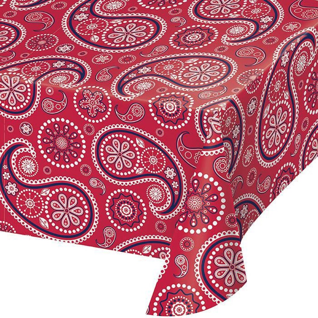 Red Paisley Bandana Print Plastic Tablecover, 54”x 108”, Wild West ...