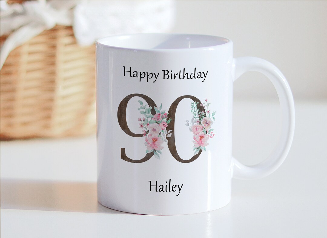 Personalised 90th Birthday Mug, Birthday Gift for Her, Mug With Flower ...