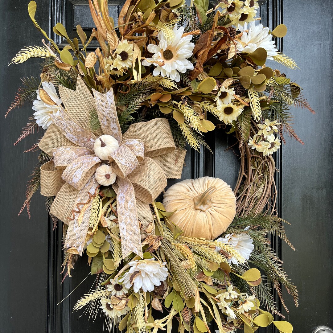 Sunflower Wreath, Fall Porch Decor, Cream Fall Wreath,designer Wreath ...