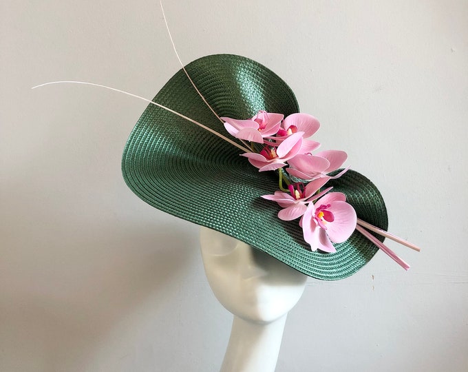 Green Emerald Light Pink Orchids Hat Fascinator Mother of Bride Groom ...