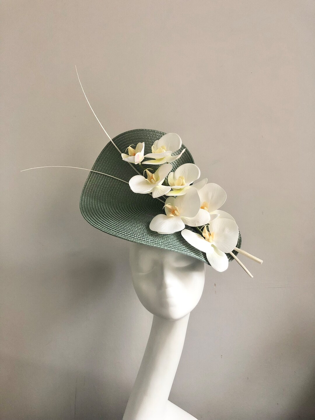 Sage Green Hat Ivory Orchids Quills Wedding Guest Formal Occasion Ascot ...