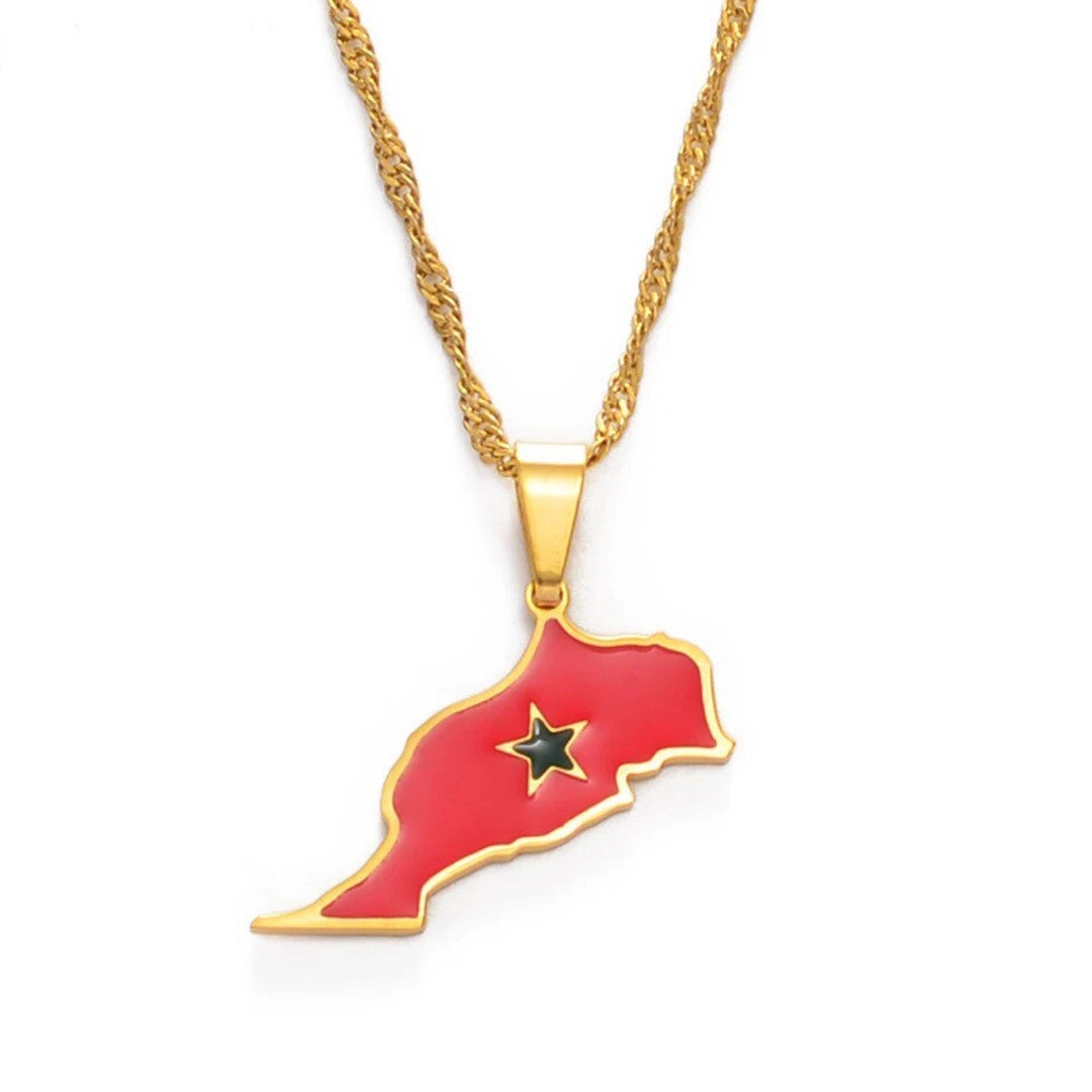 Morocco Pride Map and Color Flag Necklace gold Plated - Etsy