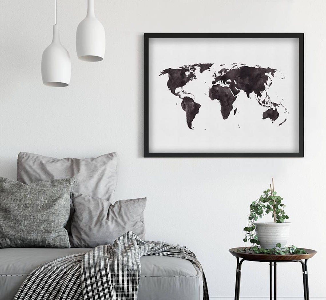 World Map Poster Black and White World Map Print Watercolor - Etsy