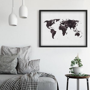 World Map Poster, Black and White, World Map Print, Watercolor World ...