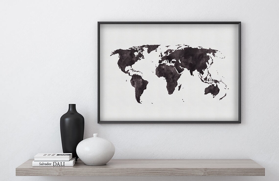 World Map Poster Black and White World Map Print Watercolor - Etsy