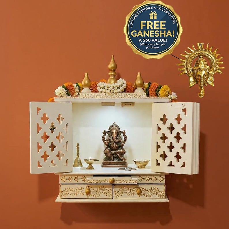 White Wall Mounted Wooden Temple Mandir With Drawers Carved Door: 15 ...