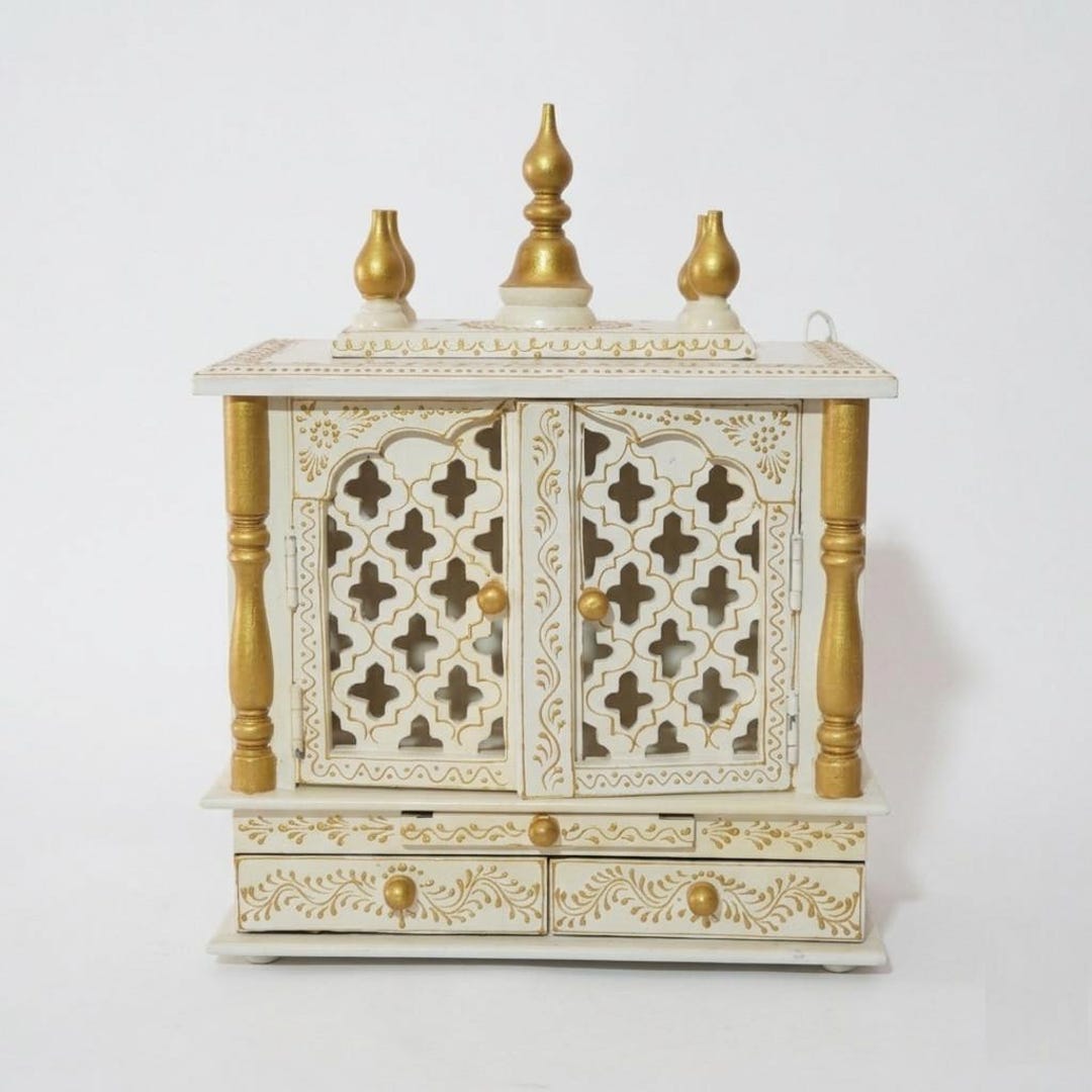 White Wall Mounted Wooden Temple Mandir With Drawers Carved Door: 15 ...