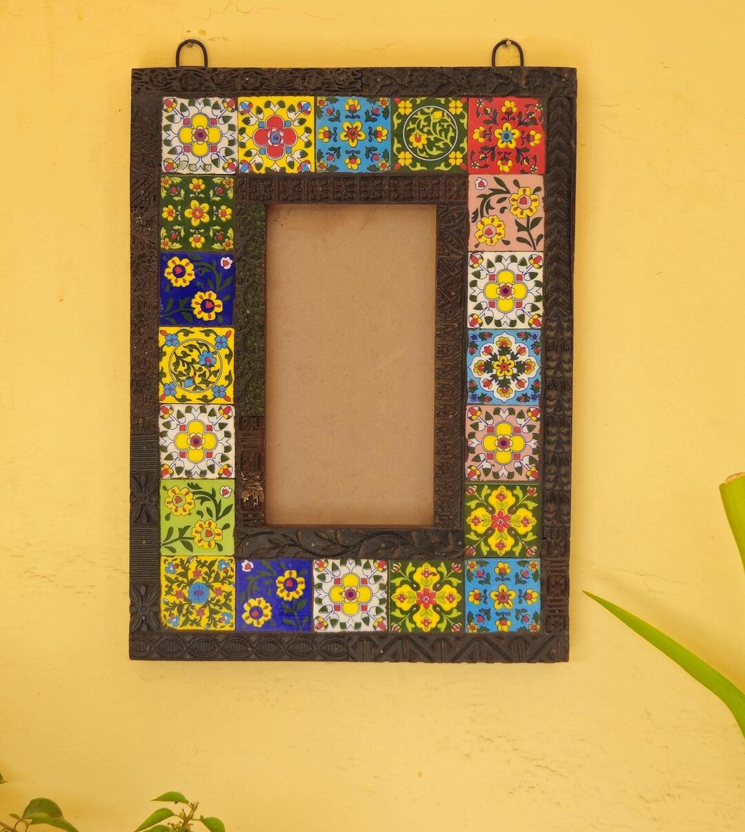 Handcrafted Indian Photo Frame: Upcycled Wood & Ceramic Tile Wall Decor ...