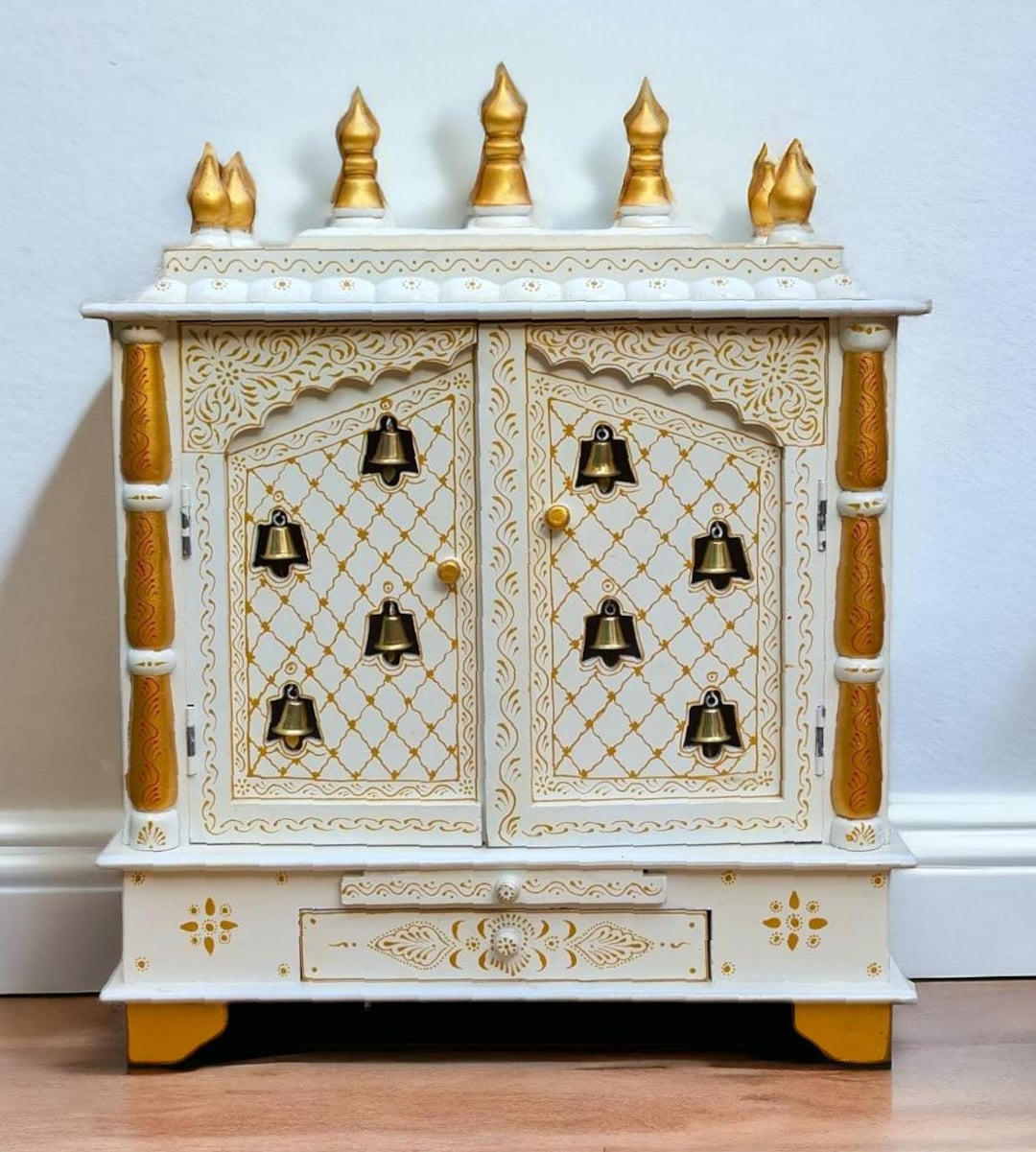 Wooden Golden Temple Bells Mandir Hindu Wall Mount Sacred Space Small ...