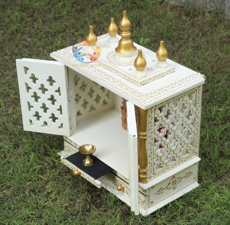 White Wall Mounted Wooden Temple Mandir With Drawers Carved Door: 15 ...