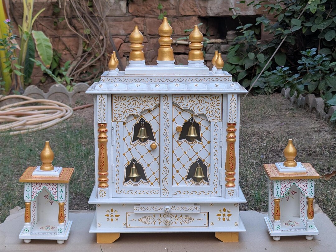 Wooden Temple Pooja Mandir With Golden Bells Elegant Handmade ...