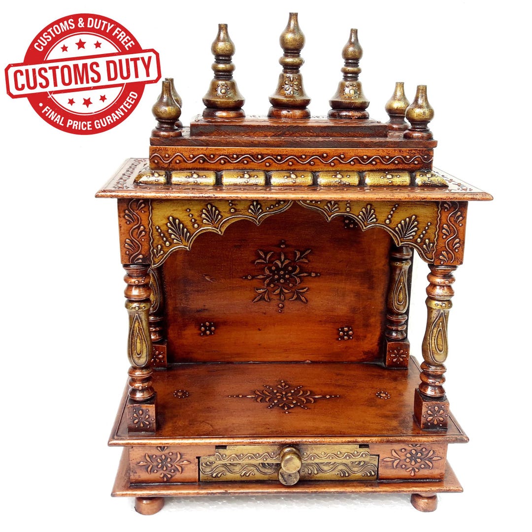 Wooden Temple Mandir: Copper Finished Pooja Ghar With Drawer, Free ...