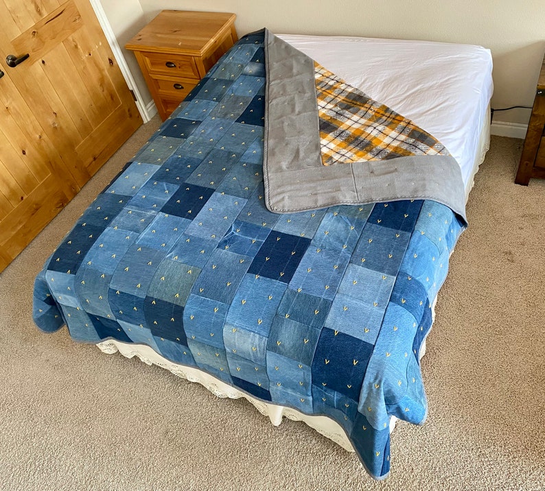 Denim Quilt. Handmade Hand Tied Warm Heavy Denim Upcycled Jeans Blanket. Cabin Camping RV ...
