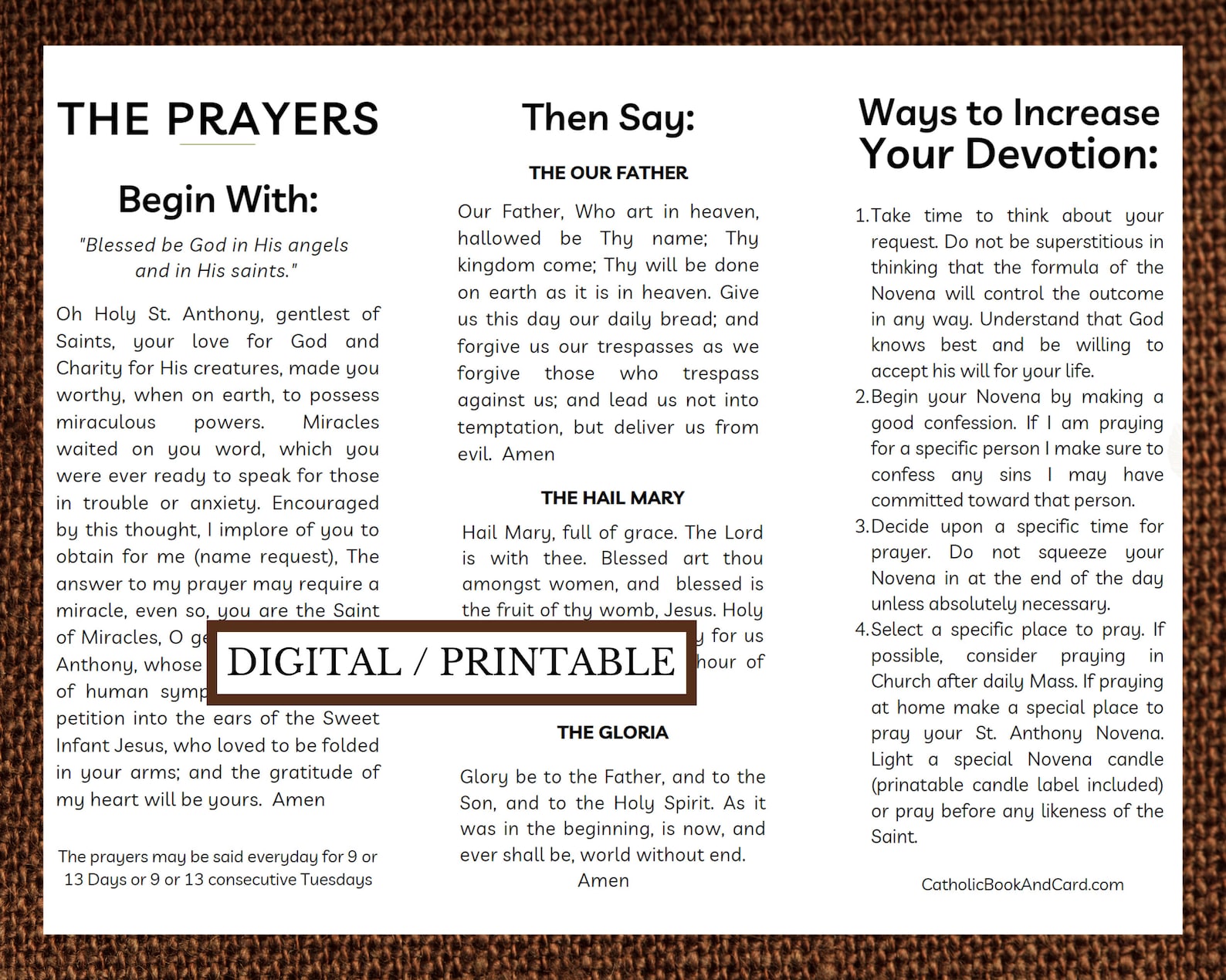 Saint Anthony Novena PRINTABLE DOWNLOAD Trifold Catholic Prayer ...