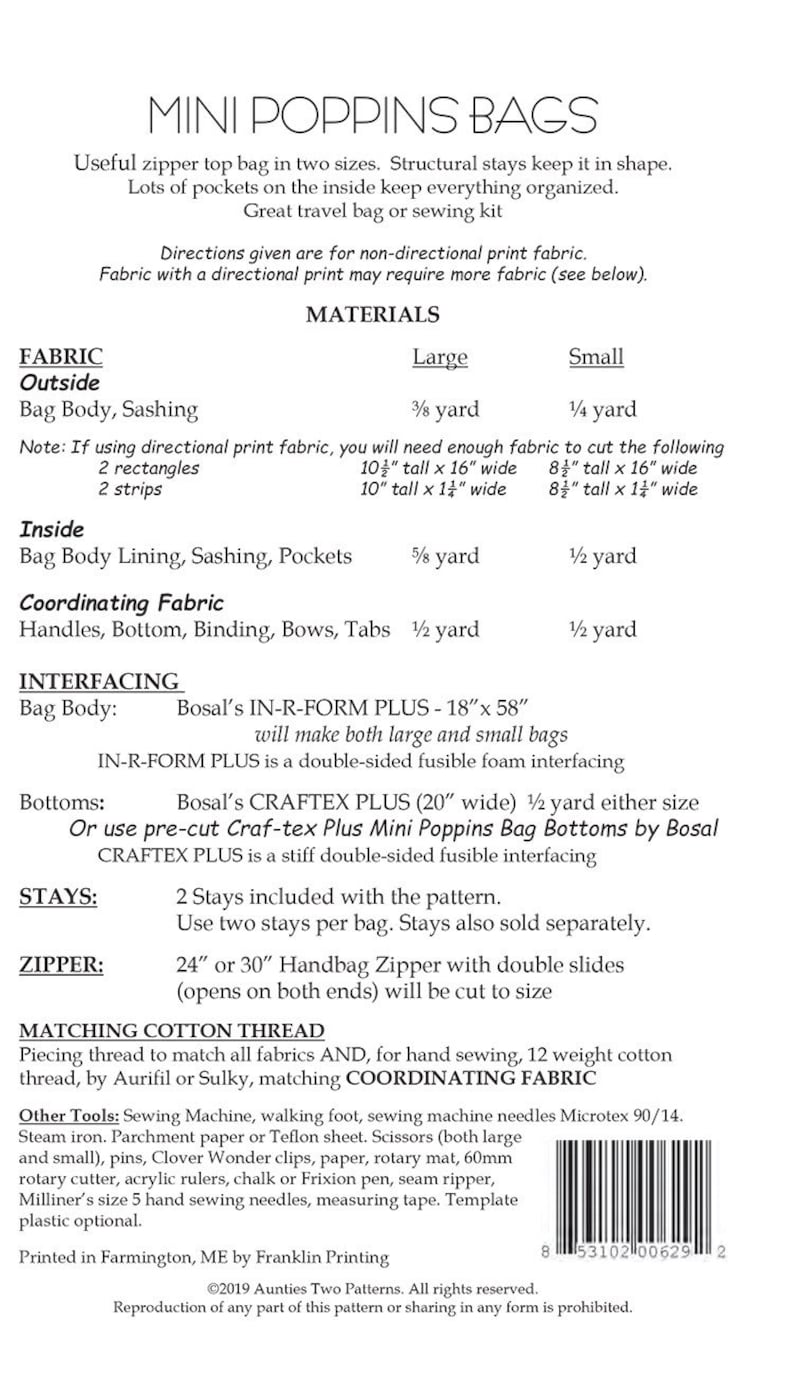 Mini Poppins Bag Pattern OR Additional Bag Stays From Aunties Two by ...