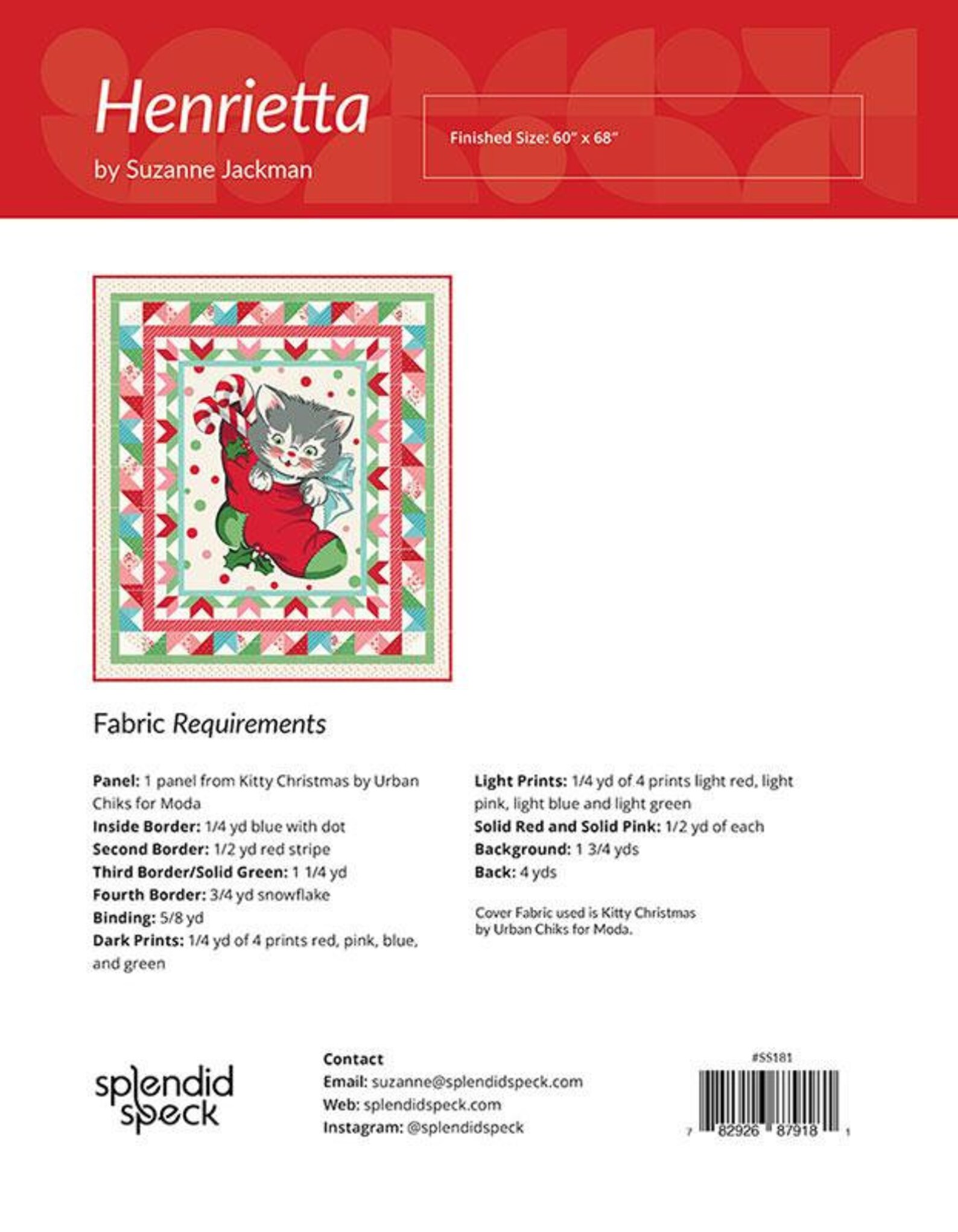 Moda Kitty Christmas Panel Quilt Pattern - Henrietta G SS 181 Splendid ...