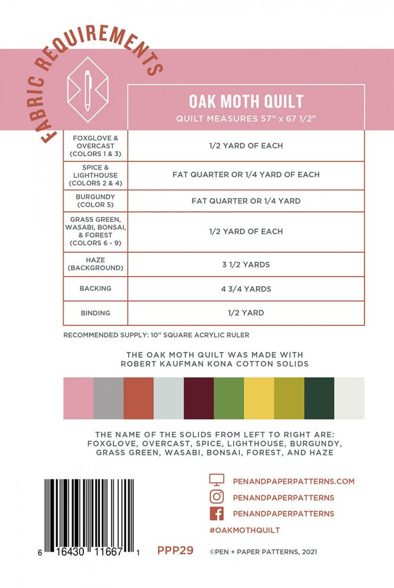 Oak Moth Quilt Kit Featuring Kona Solids - Pen and Paper Pattern Co - Etsy