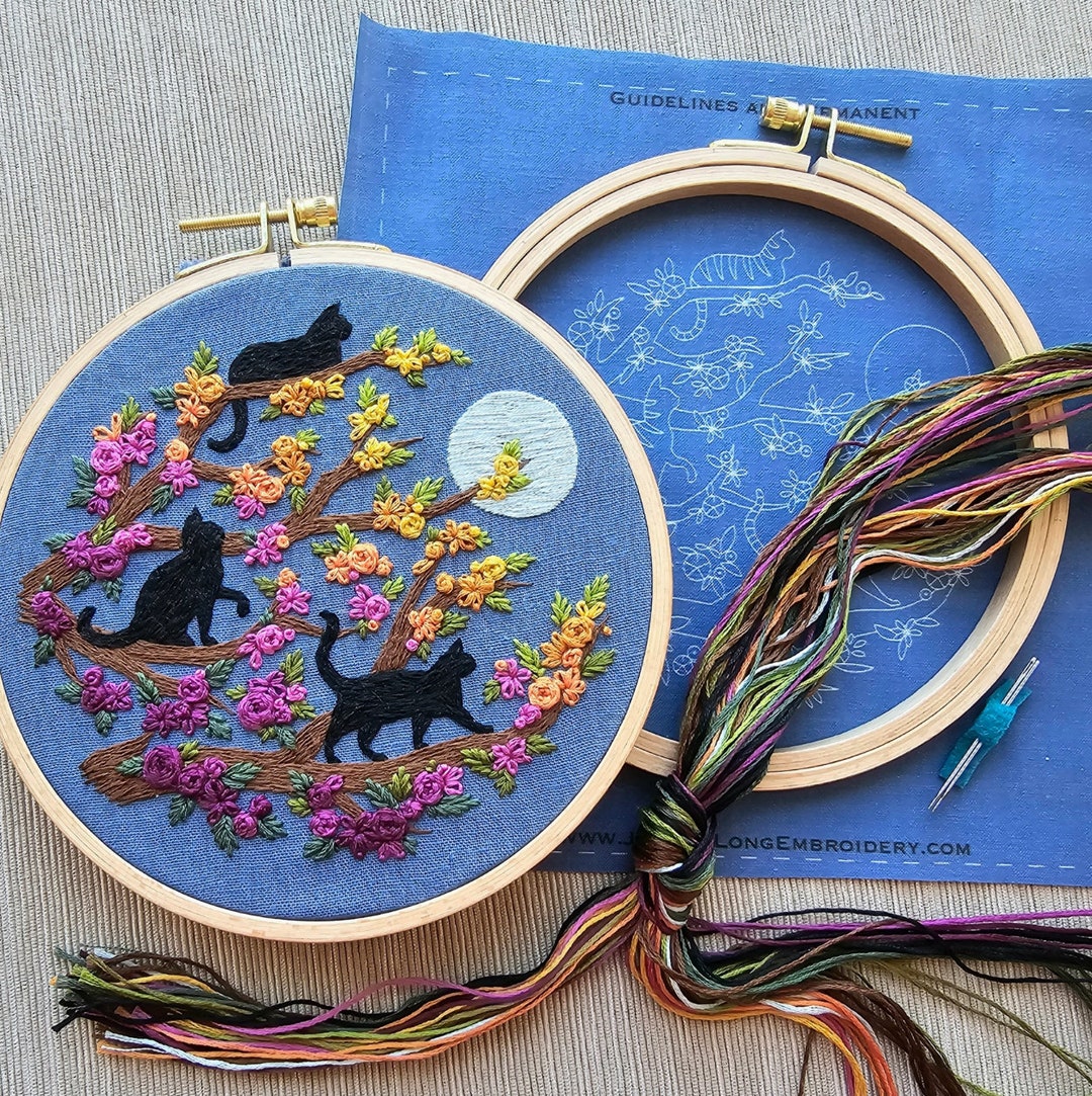 Catwalk - Cats & Full Moon Embroidery Kit (black) by Jessica Long - Etsy