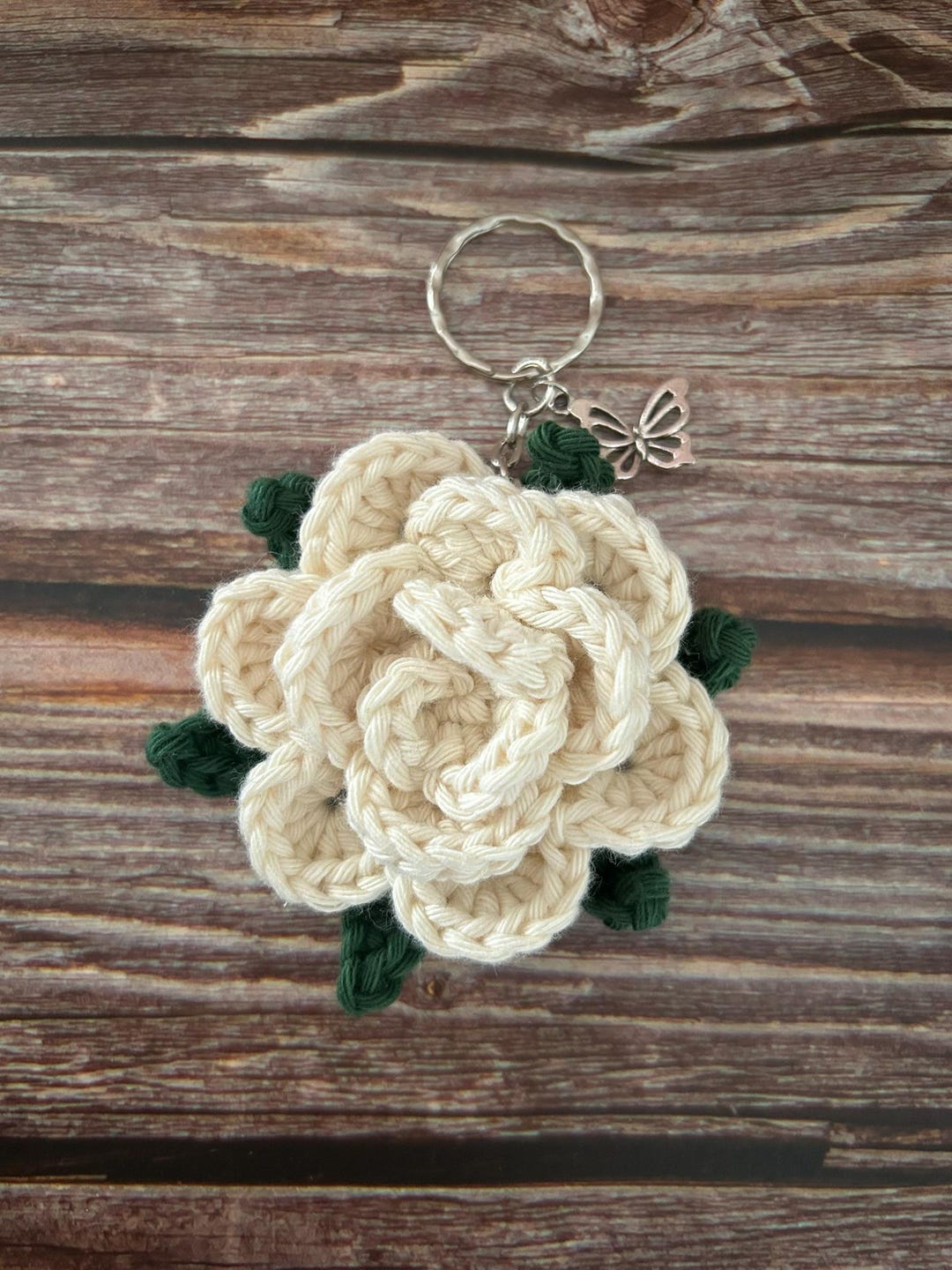 Crochet Cream Rose Flower Keychain Keyring Bag Charm - Etsy