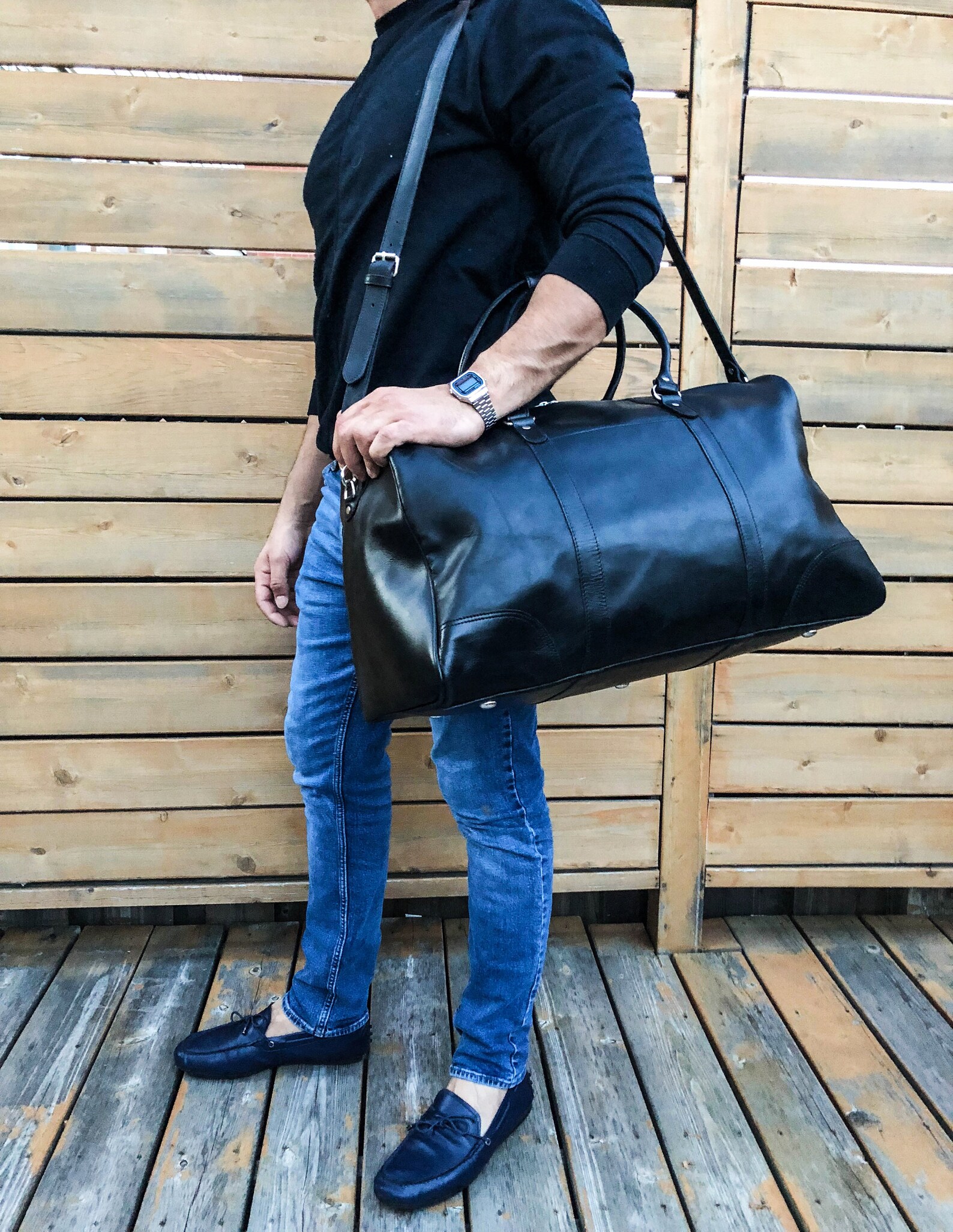 Leather Duffel Bag, Leather Weekender Bag, Black Leather Travel Bag ...