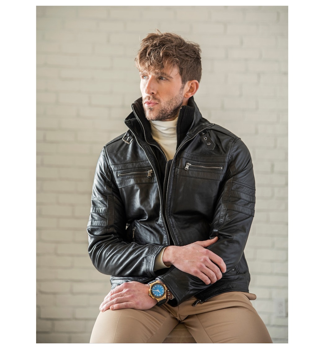 Leather Jacket for Men, Mens Lamb Leather Jacket Coat Winter Bomber ...
