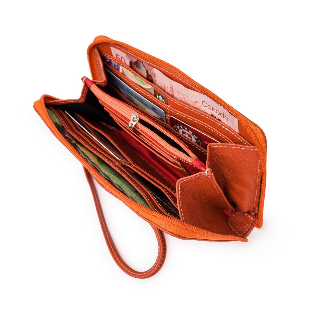 Wristlet Wallet Women, Monogram Orange Leather Wallet Wrist Strap ...