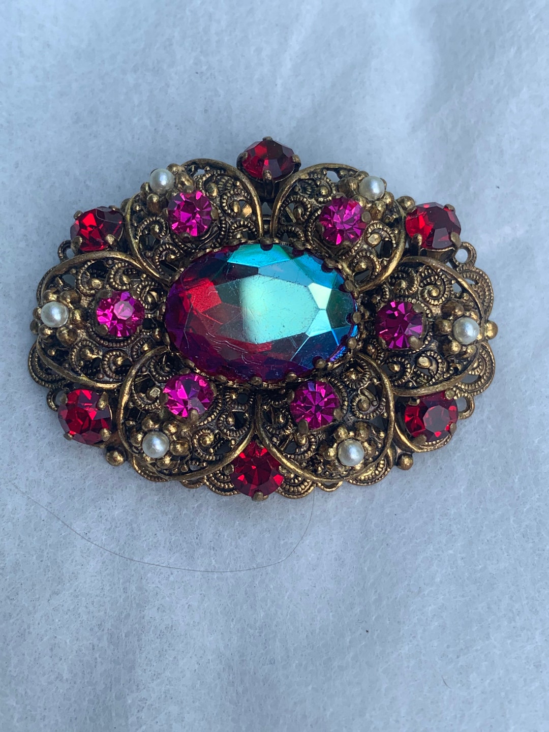 West Germany Red AB Faux Pearl Filigree Brooch - Etsy