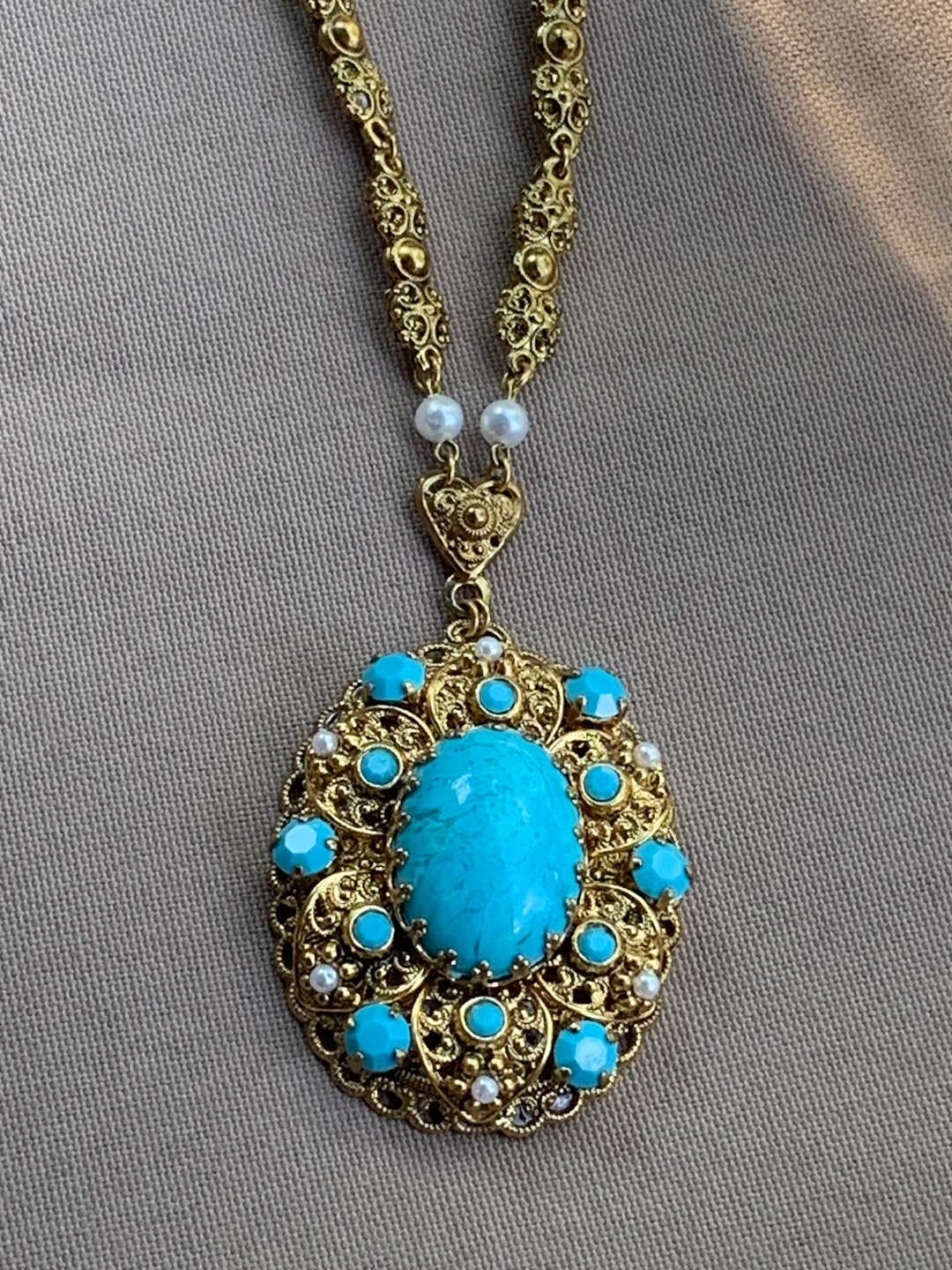 Signed West Germany Turquoise Color and Pearl Filigree Necklace. - Etsy