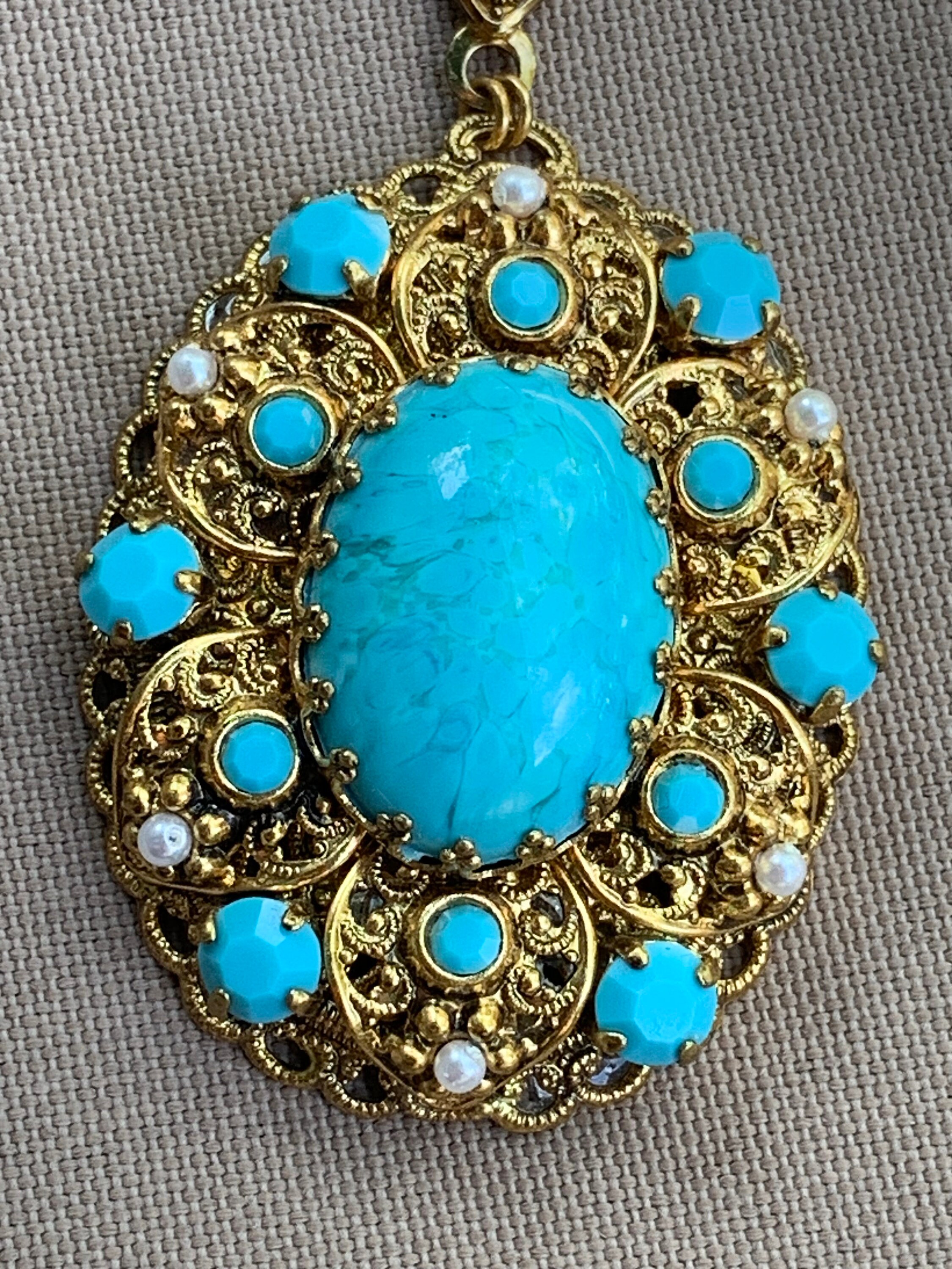 Signed West Germany Turquoise Color and Pearl Filigree Necklace. - Etsy