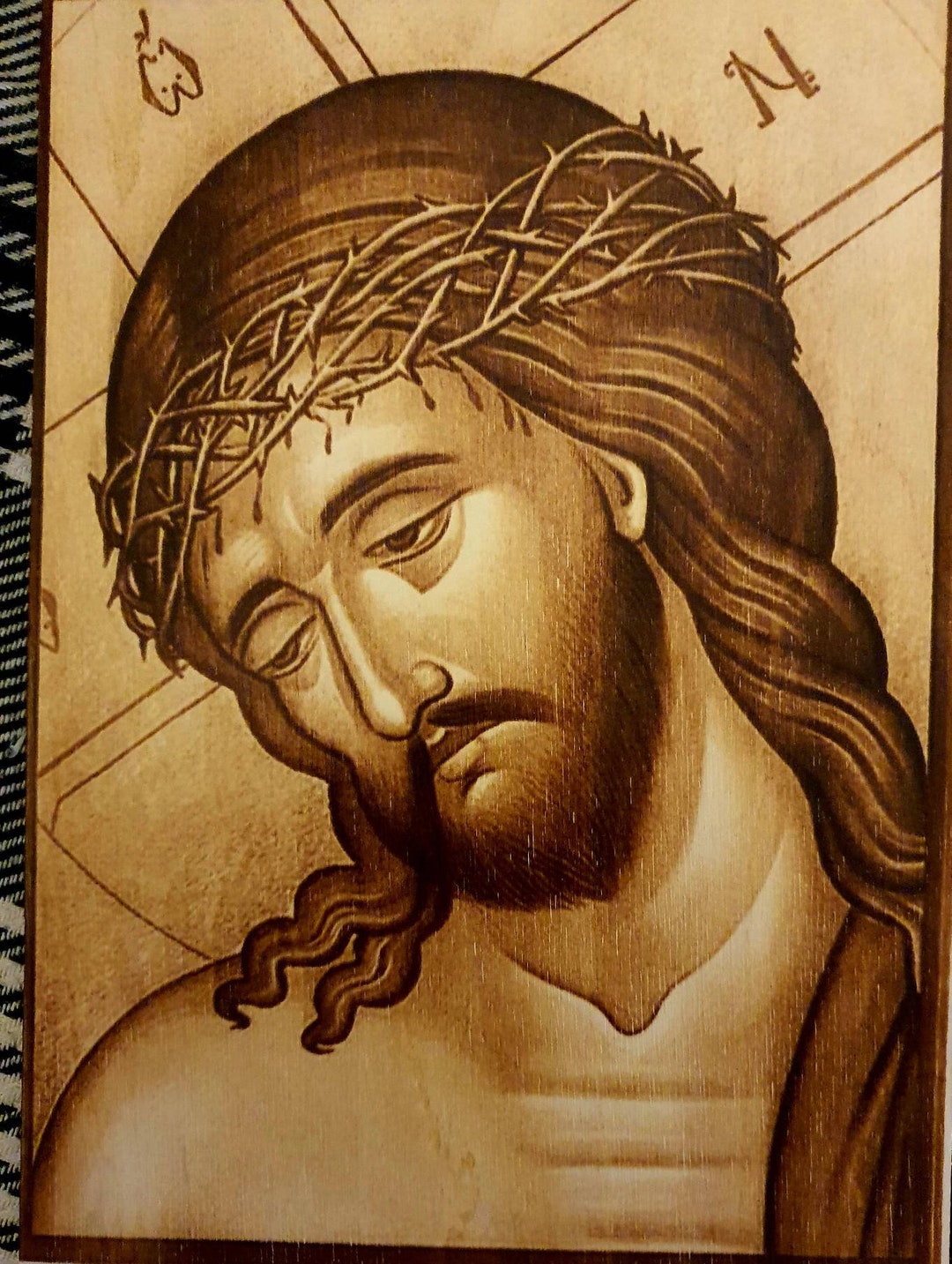 Jesus Christ the Savior in Crown of Thorns Icon Image Burned on Wood ...