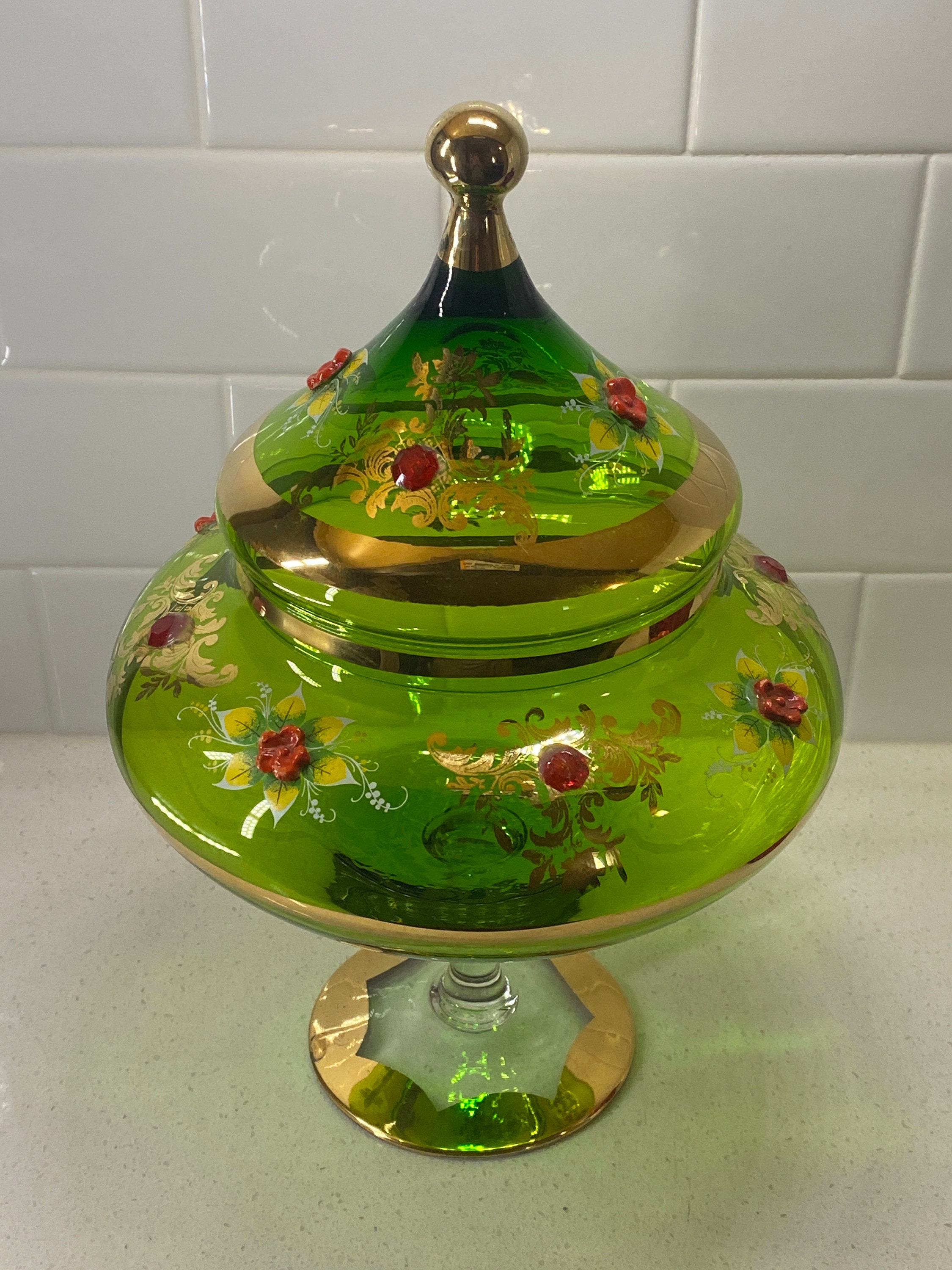 Antique Italian Glass Pedestal Apothecary Candy or Compote Dish Ornate ...