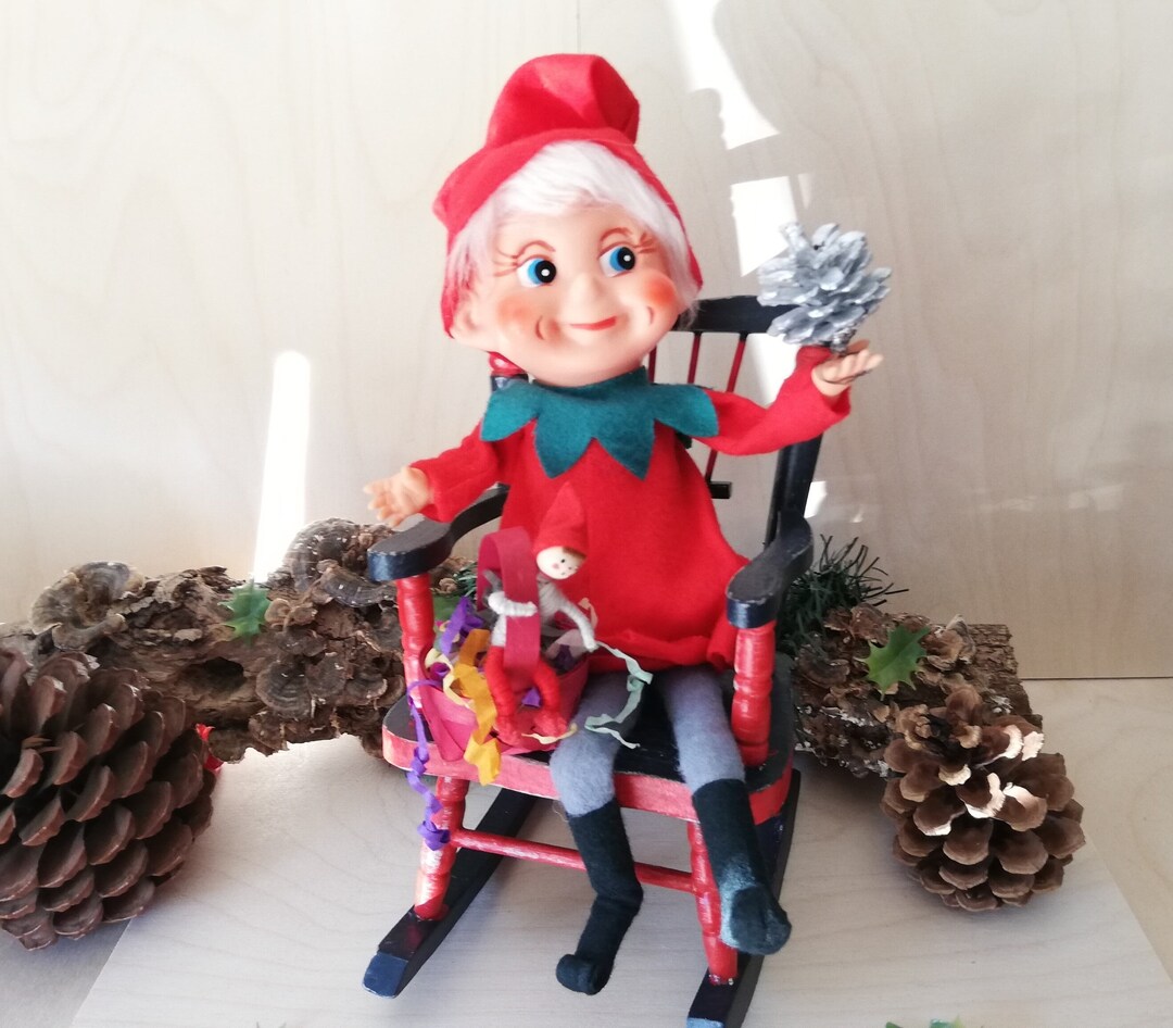 LARGE VINTAGE ELF in Wood Rocking Chair With Elf Doll in Basket Cozy ...