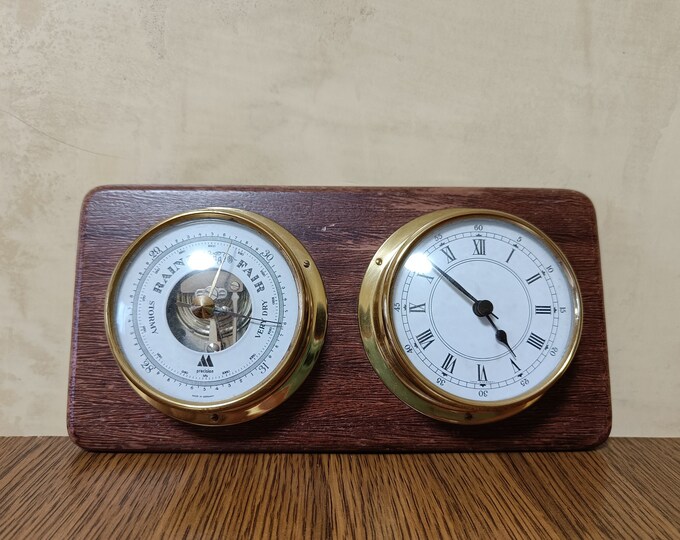 Vintage Round Brass Clocks and Barometer, Weather Forecasting Tool ...