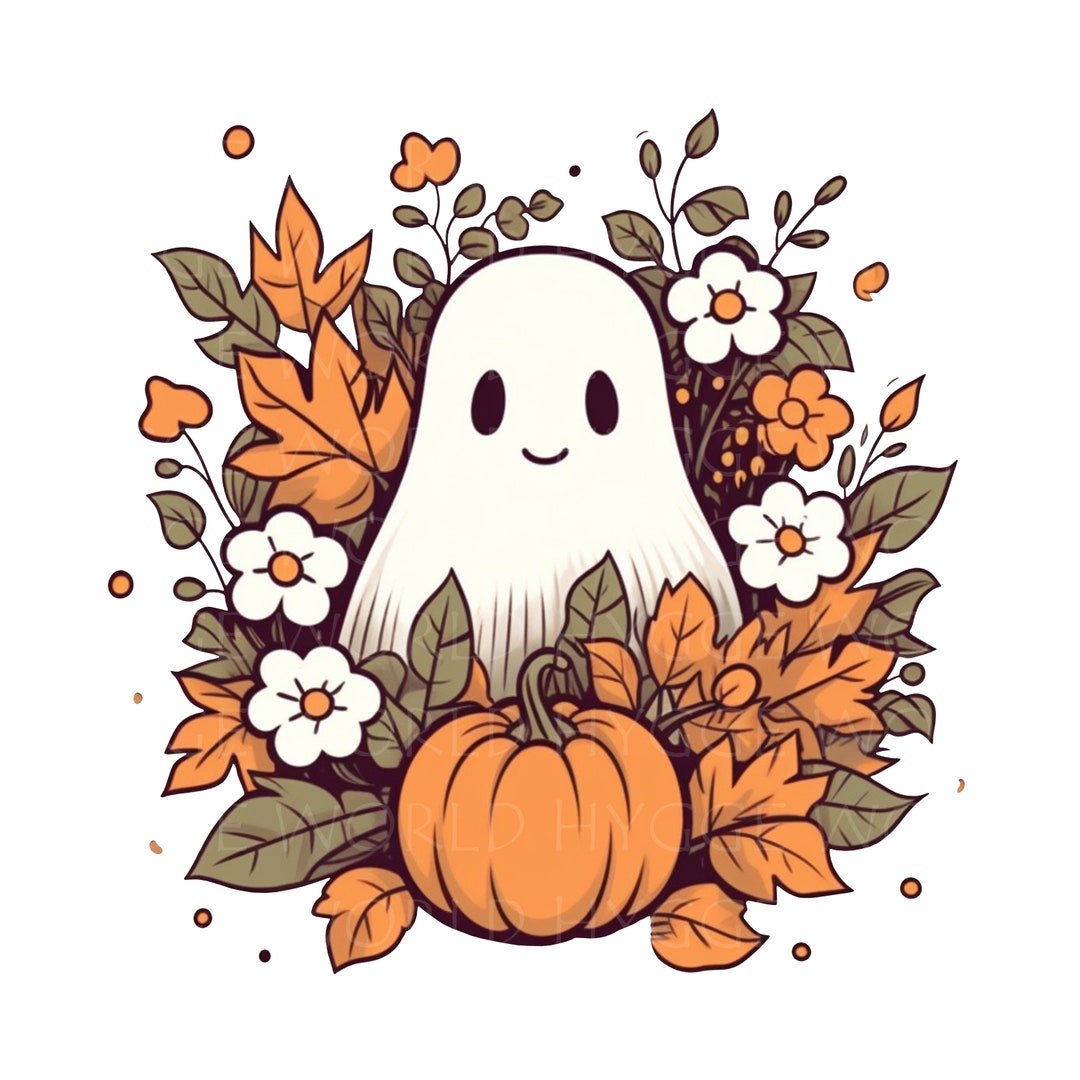 Halloween Cute Ghost PNG, Autumn Sublimation Design, Fall Florals PNG ...