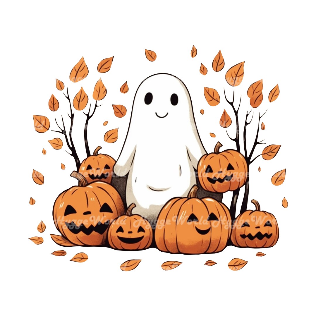 Halloween PNG, Cute Ghost, Autumn Leaves and Pumpkins Sublimation ...
