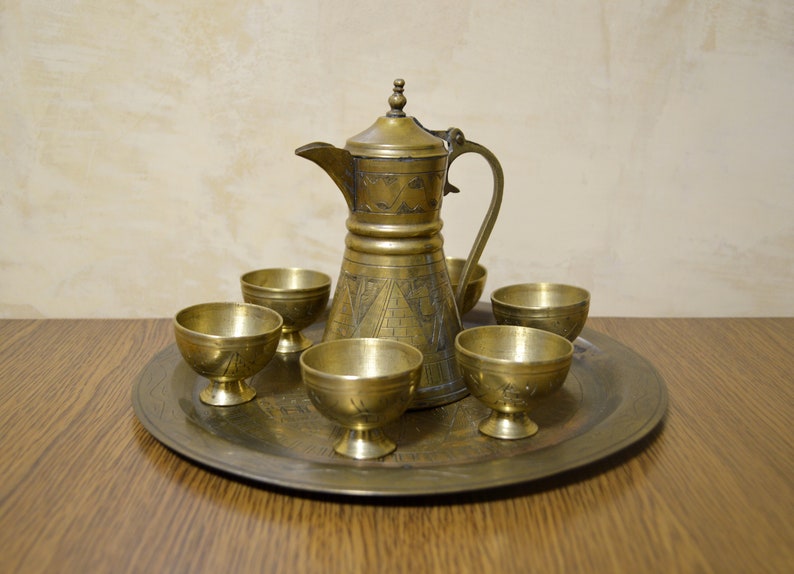 Vintage Brass Coffee Set Service for 6 Persons, Espresso Set, Egypt ...