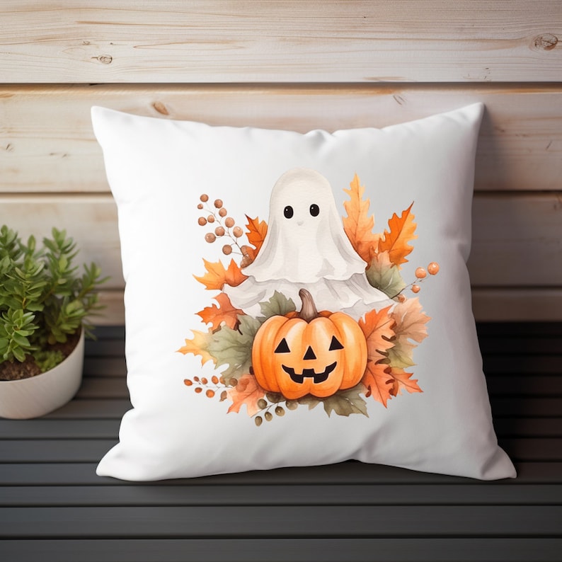 Halloween Spooky Ghost PNG, Cute Ghost Among the Autumn Leaves PNG ...