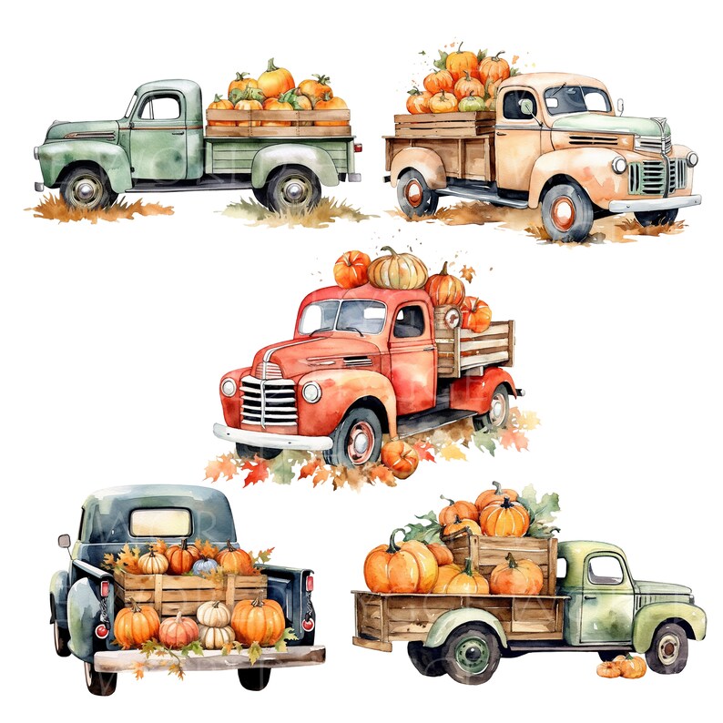 Vintage Trucks With Pumpkins Clipart, Watercolor Fall Floral PNG ...