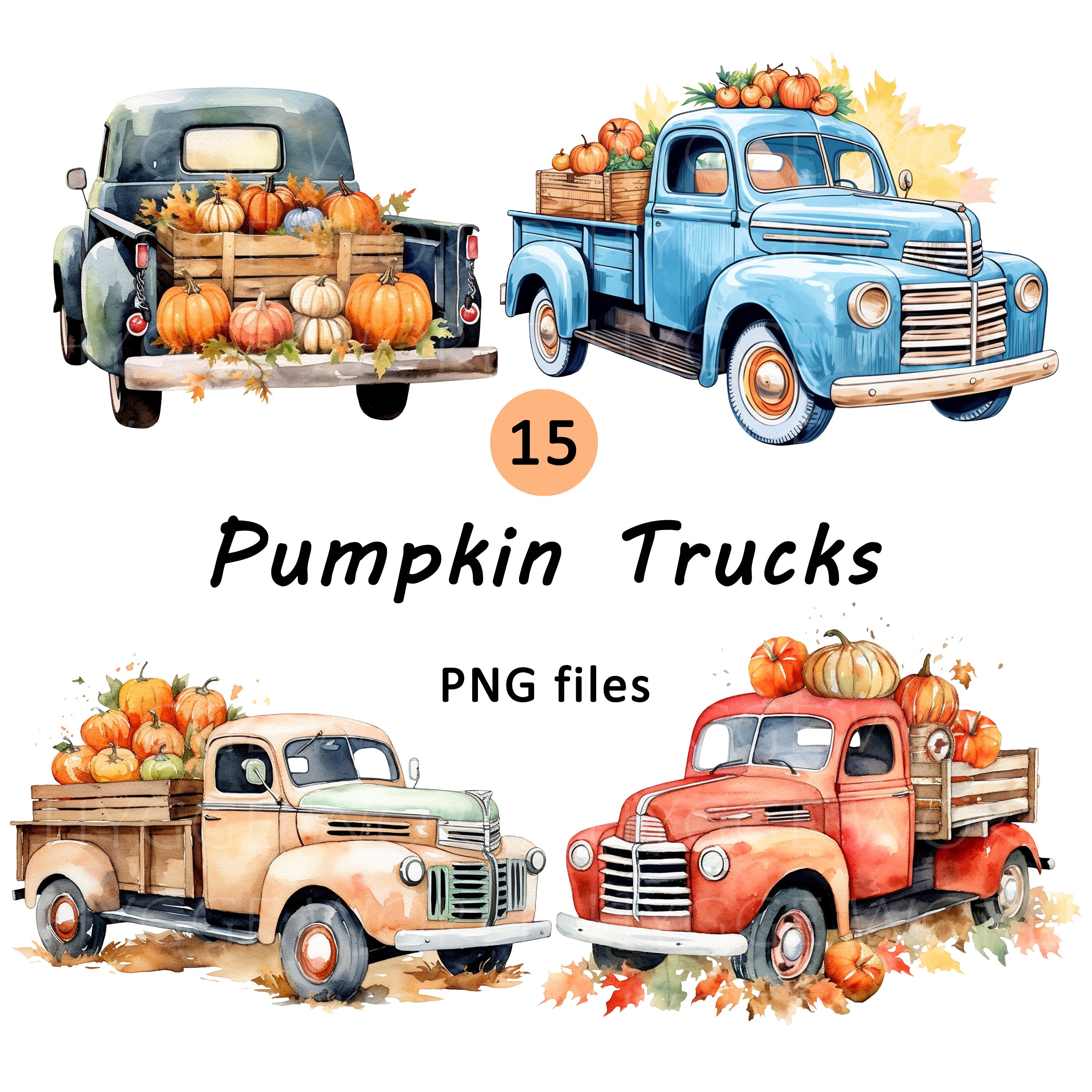 Vintage Trucks With Pumpkins Clipart, Watercolor Fall Floral PNG ...