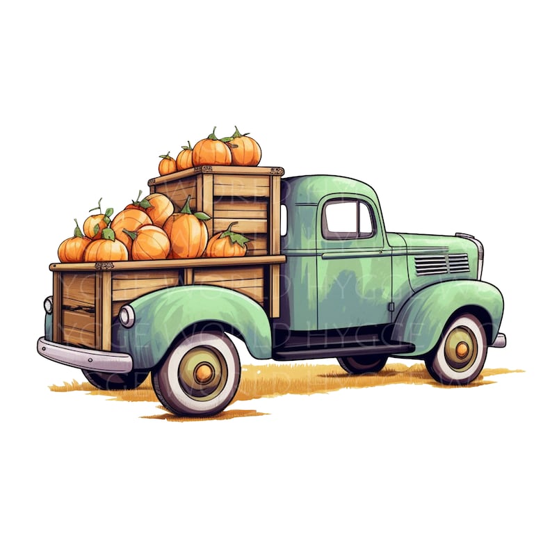 Cartoon Old Truck With Pumpkins Clipart, Fall PNG, Autumn Sublimation ...