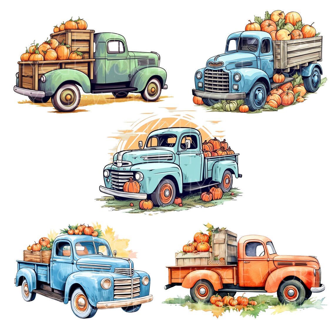 Vintage Trucks With Pumpkins Clipart, Watercolor Fall Floral PNG ...