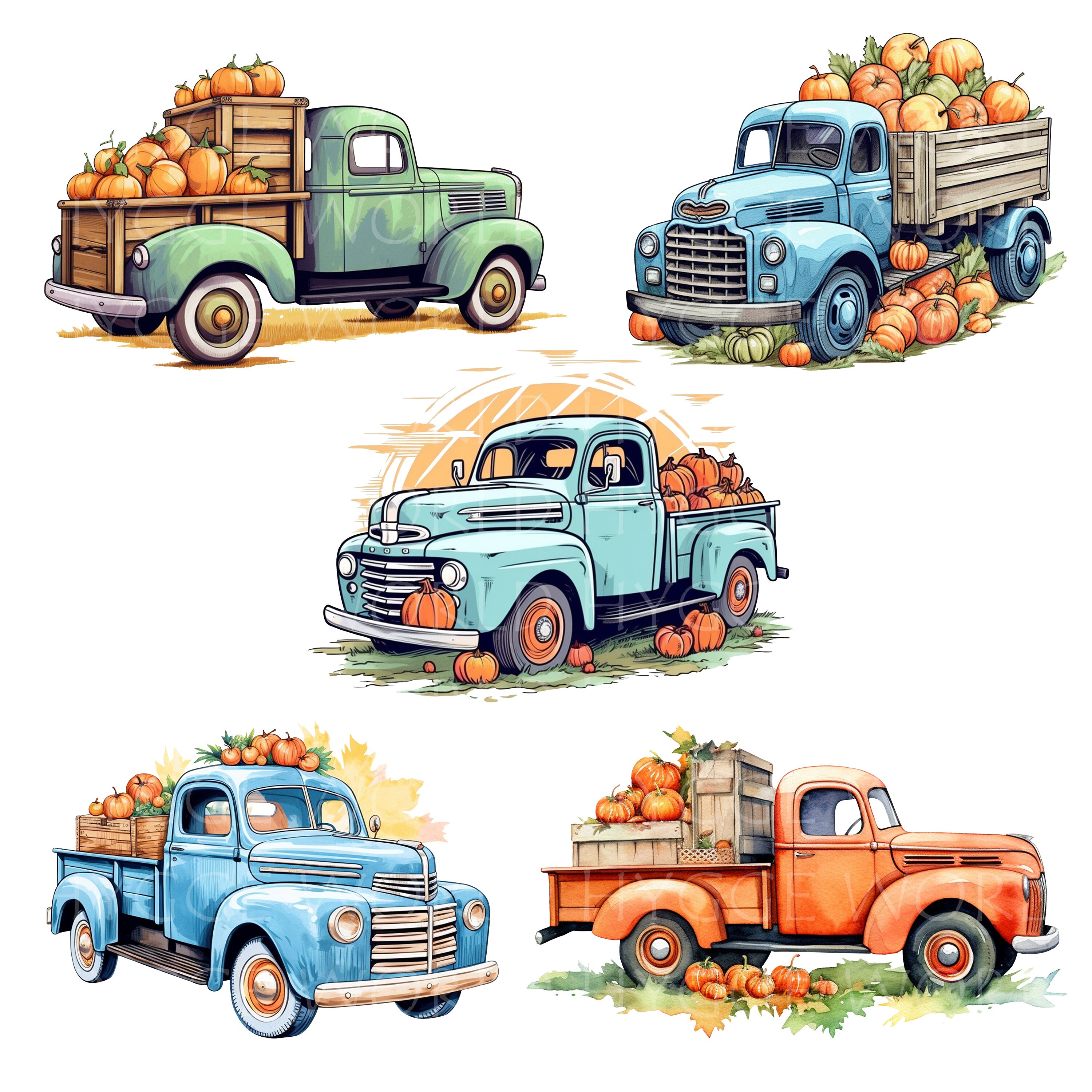 Vintage Trucks With Pumpkins Clipart, Watercolor Fall Floral PNG ...
