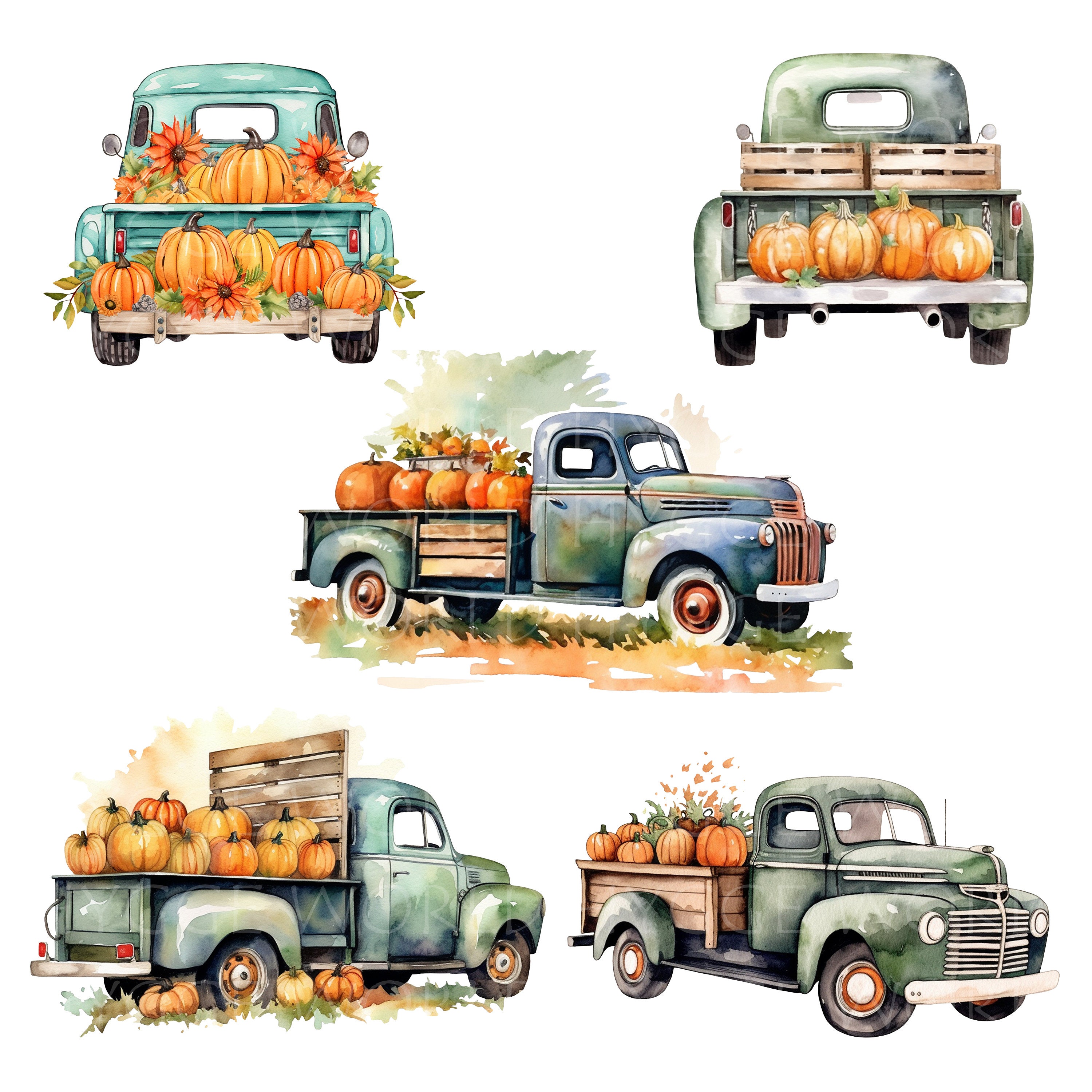 Vintage Trucks With Pumpkins Clipart, Watercolor Fall Floral PNG ...