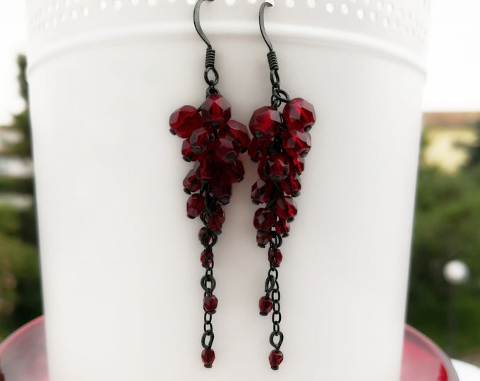 Red Dangle Earrings, Drop Earrings, Crystal Cluster Earrings, Garnet ...